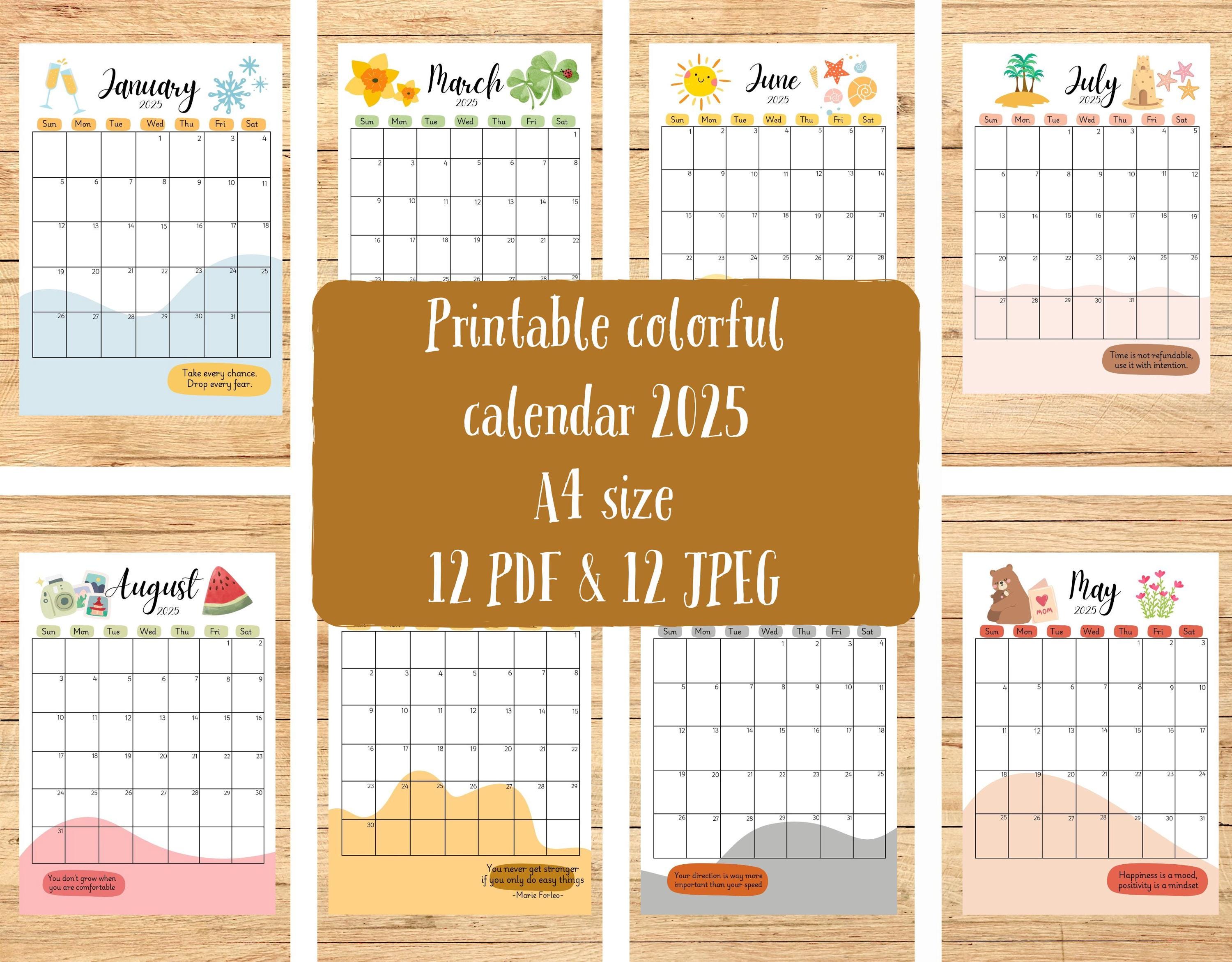 Printable Calendar 2025 Watercolor, Colorful Monthly Planner, A4 Size ...
