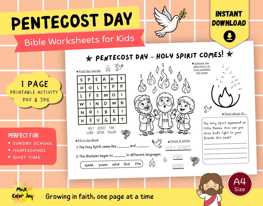 Pentecost Activity Worksheet for Kids, Holy Spirit Bible Printable ...