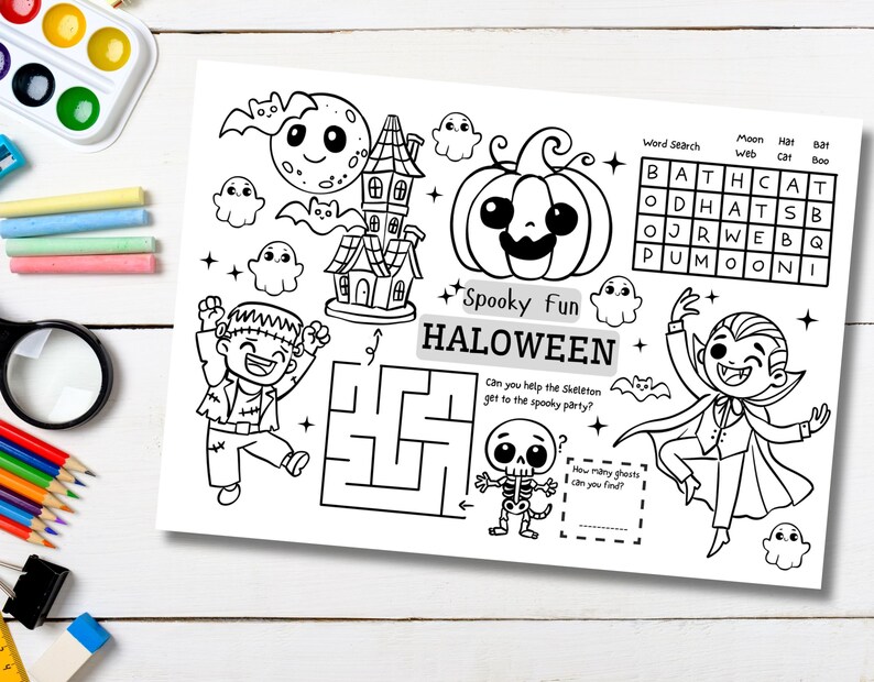 Halloween Kids Coloring Activity Placemat: Spooky Party Favor (PDF ...