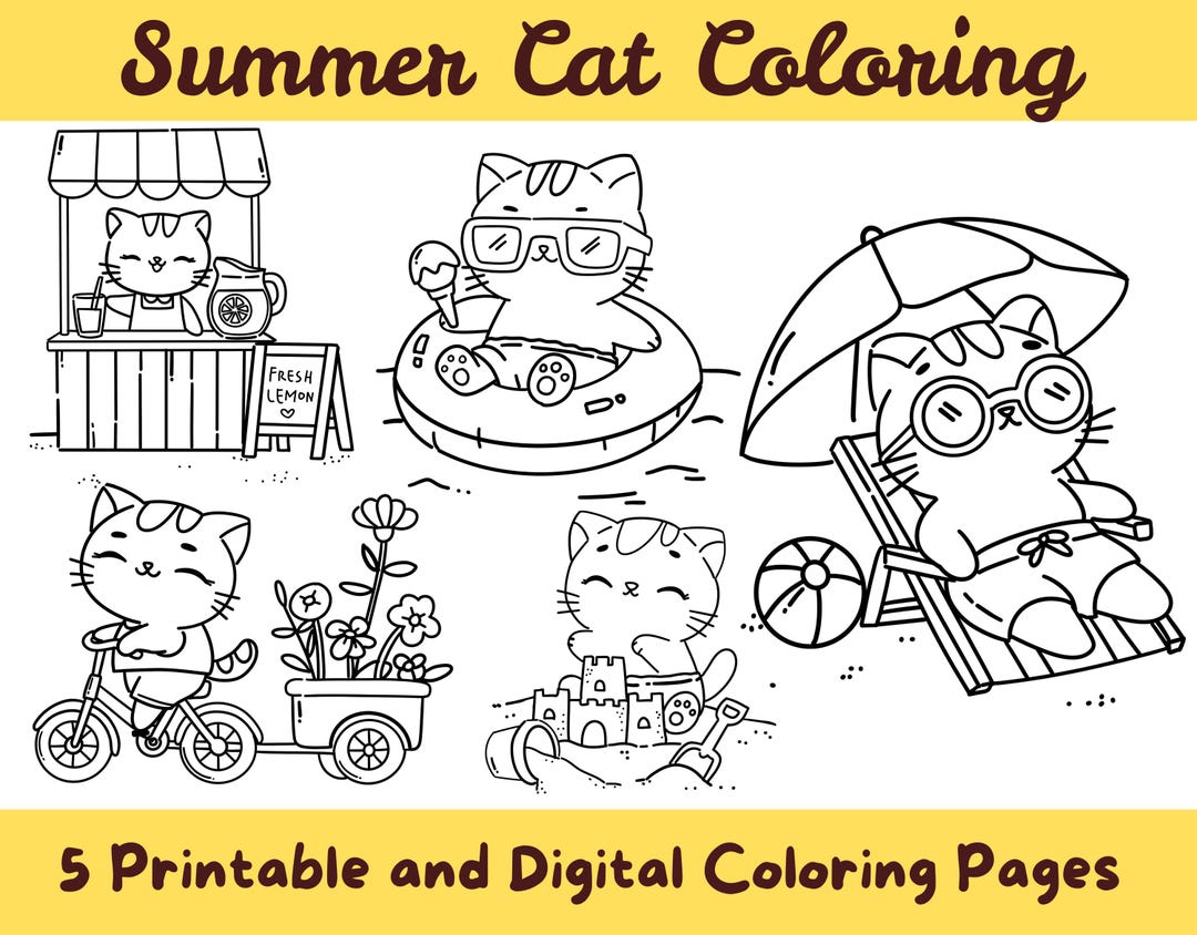 Summer Cats Coloring Pages, Printable and Digital Relaxing Activity ...