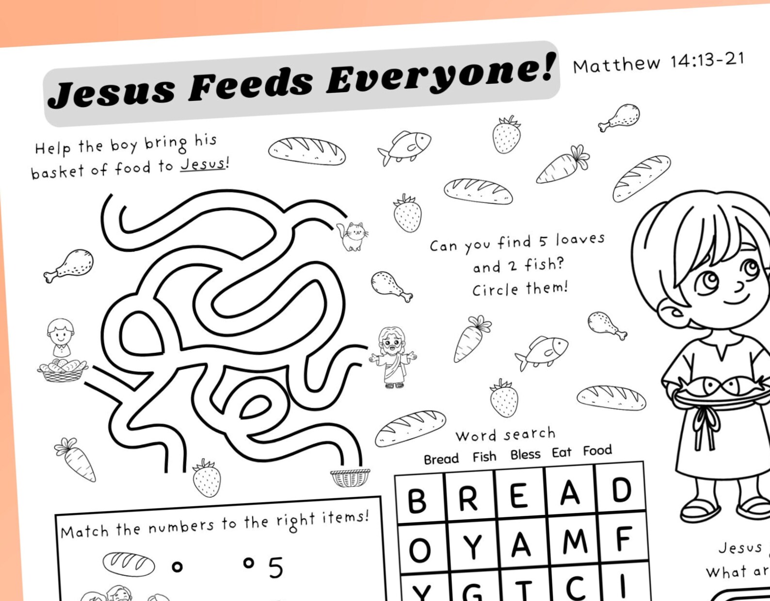 Jesus Feeds 5000 Activity Sheet: Bible Story Sunday School Worksheet ...