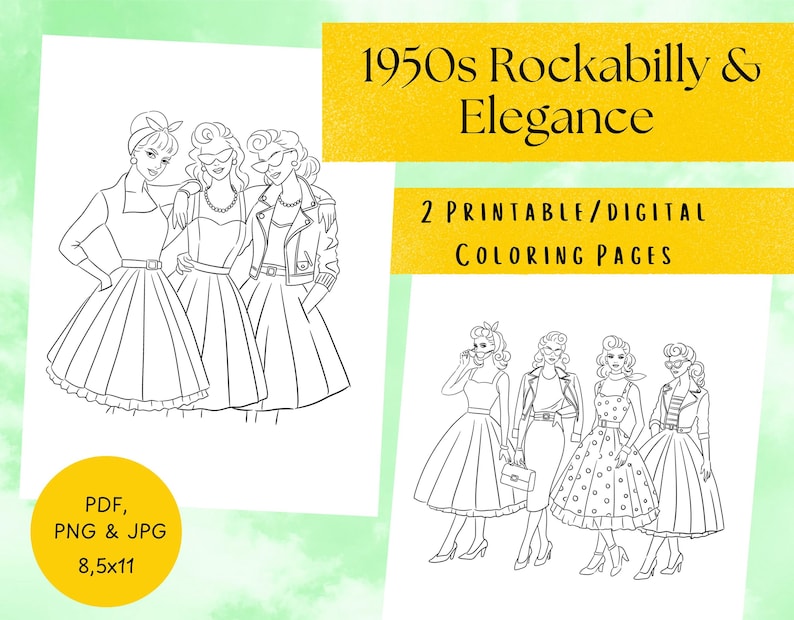 50s Fashion Coloring Pages for Adults - Rockabilly & Elegance Fashion ...