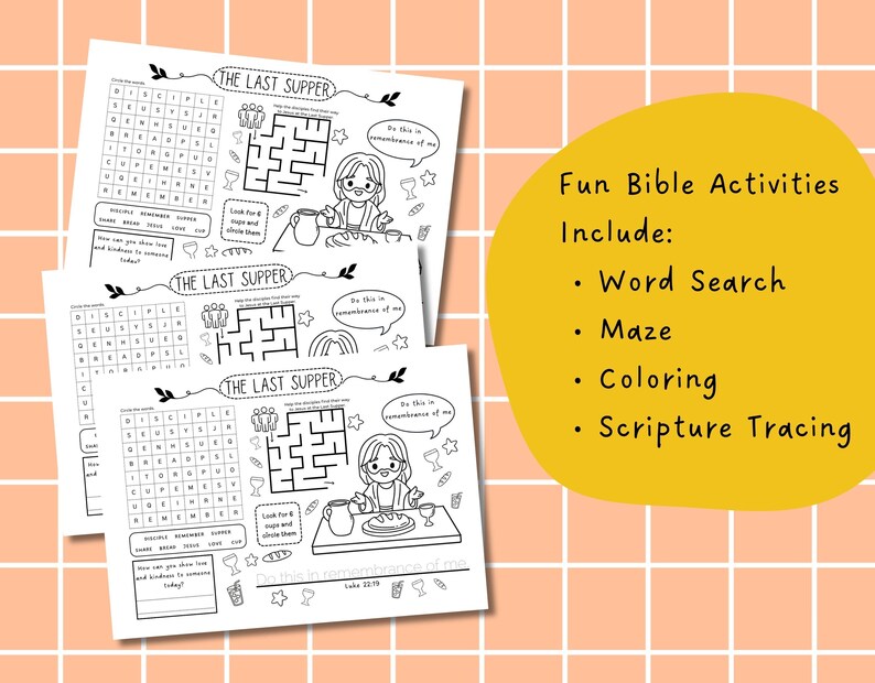 The Last Supper Bible Worksheet for Kids, Christian Activity Page ...