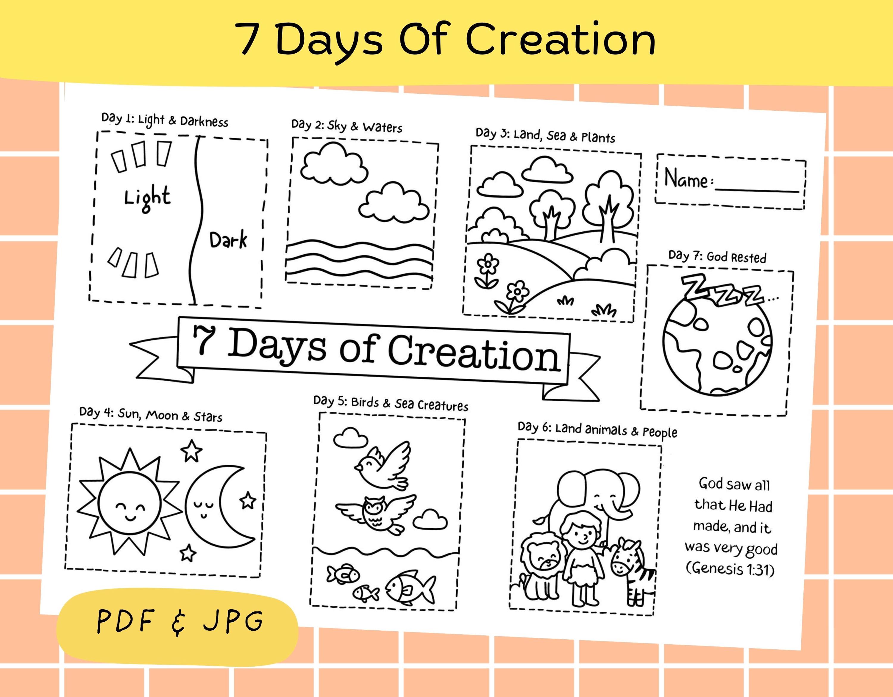7 Days of Creation Coloring Page: Sunday School Bible Story (PDF ...