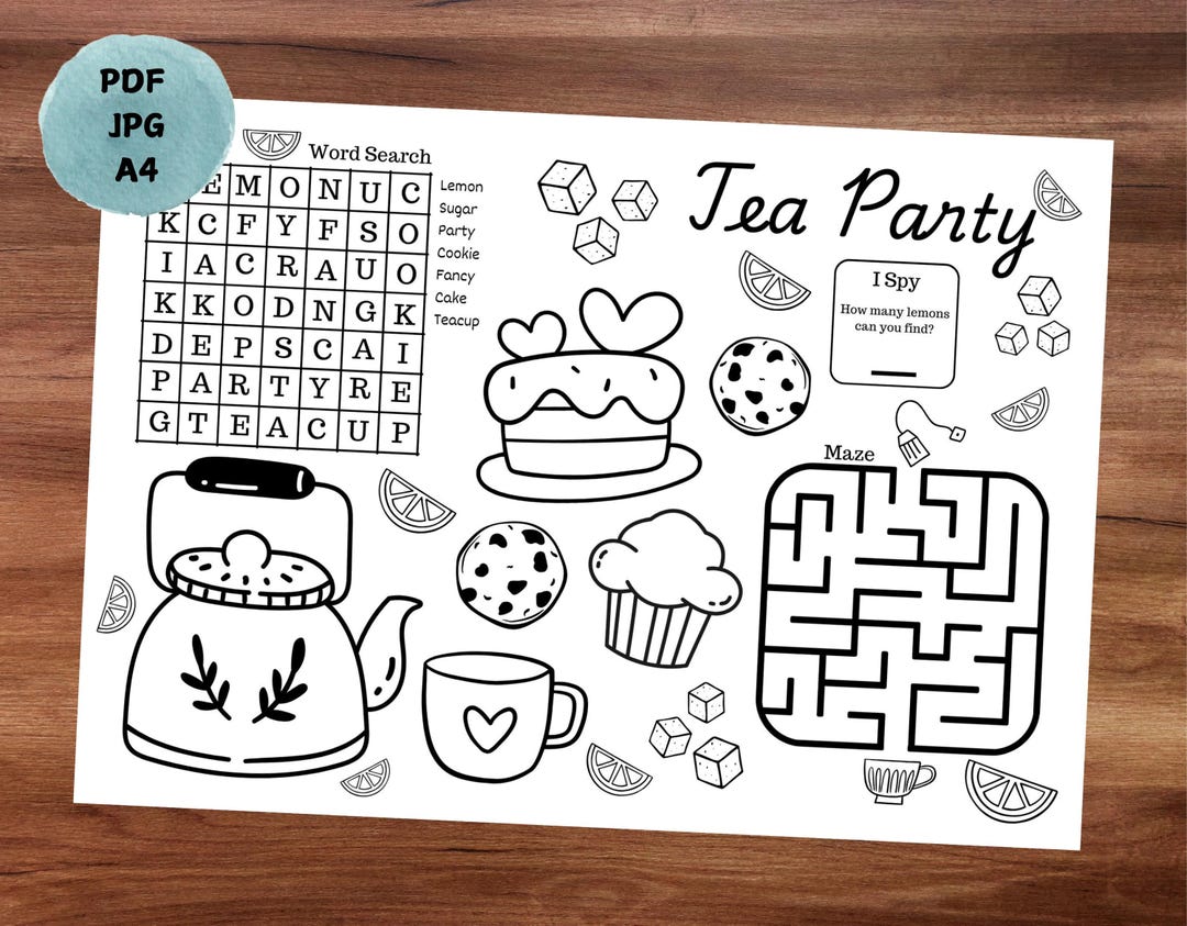 Tea Party Activity & Coloring Sheet - Printable Birthday Party Placemat ...