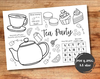 Tea Party Coloring Page, Printable Birthday Party Placemat for Girl ...