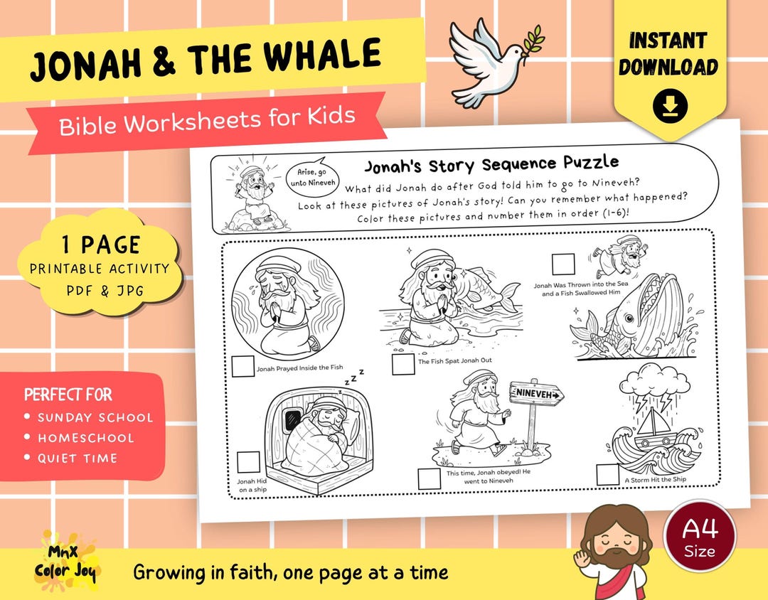 Jonah and the Whale Bible Story Worksheet, Sunday School Activity Sheet ...