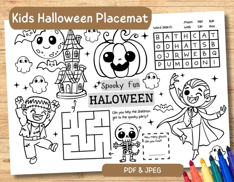 Halloween Kids Coloring Activity Placemat: Spooky Party Favor (PDF ...