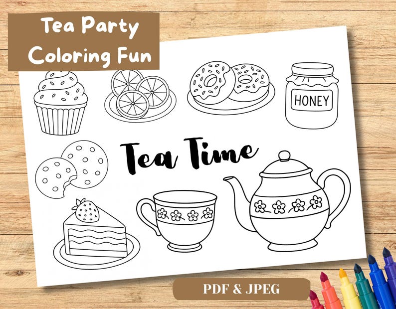 Tea Party Coloring Page for Kids – Fun Tea Time Activity for Girls ...