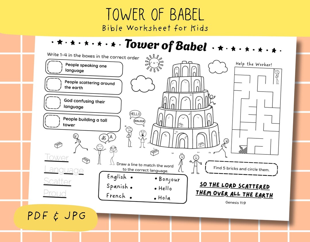 Tower of Babel Bible Worksheet for Kids Printable PDF Sunday School ...