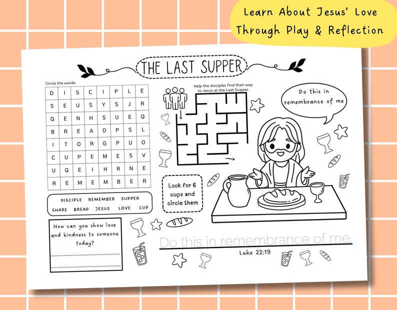 The Last Supper Bible Worksheet for Kids, Christian Activity Page ...