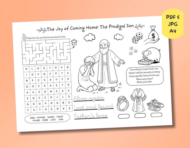 The Prodigal Son Activity Placemat, Parable of the Lost Son, Printable ...