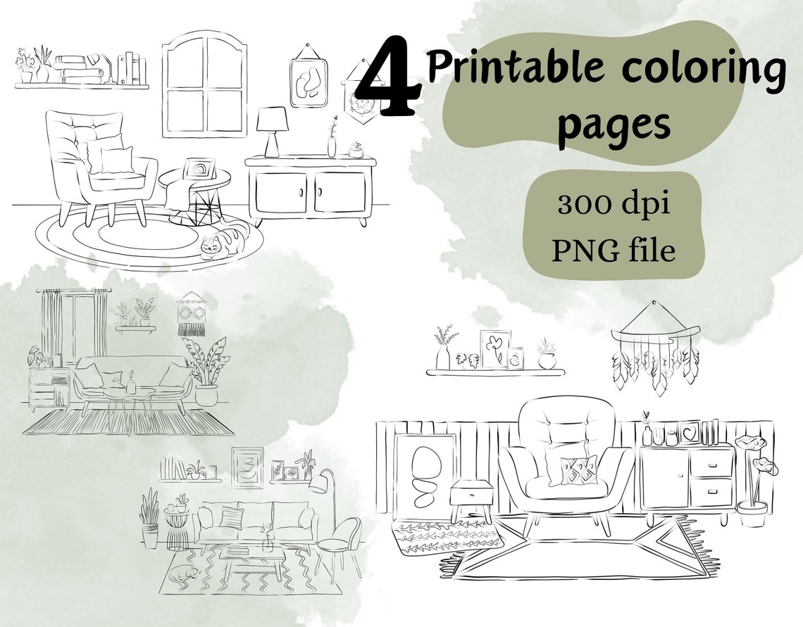 Printable Coloring Page, Cozy Interior Living Room Scene Coloring Sheet ...