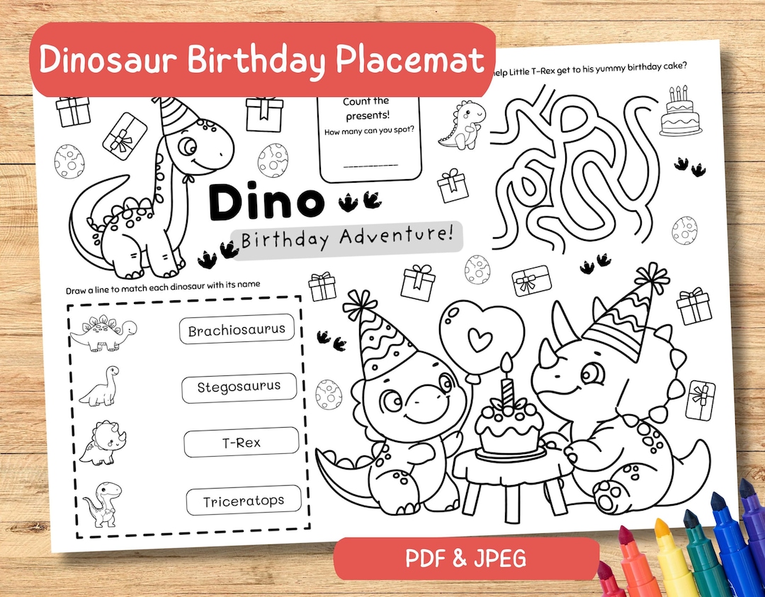 Dinosaur Birthday Placemat: Dino Party Activity Mat (digital Download ...