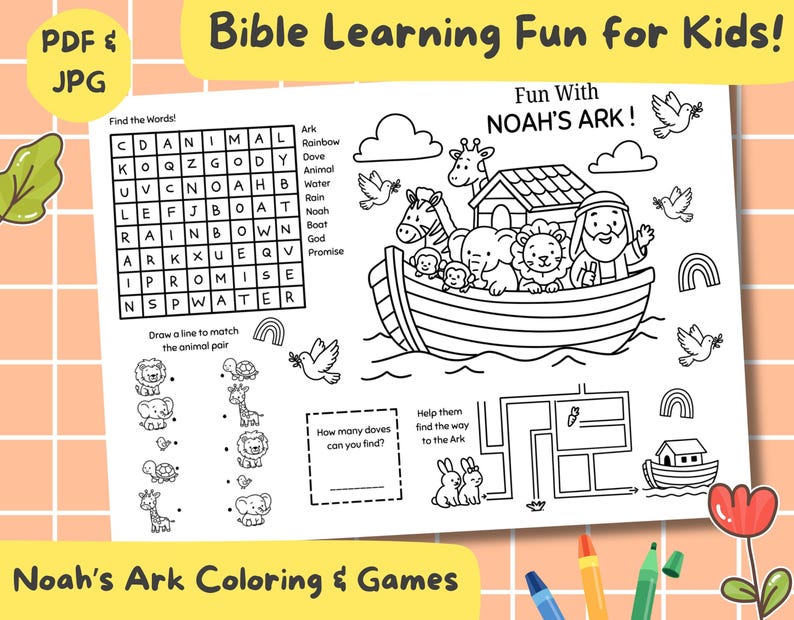 Noah's Ark Worksheet: Sunday School Christian Activity Page (PDF & JPG ...