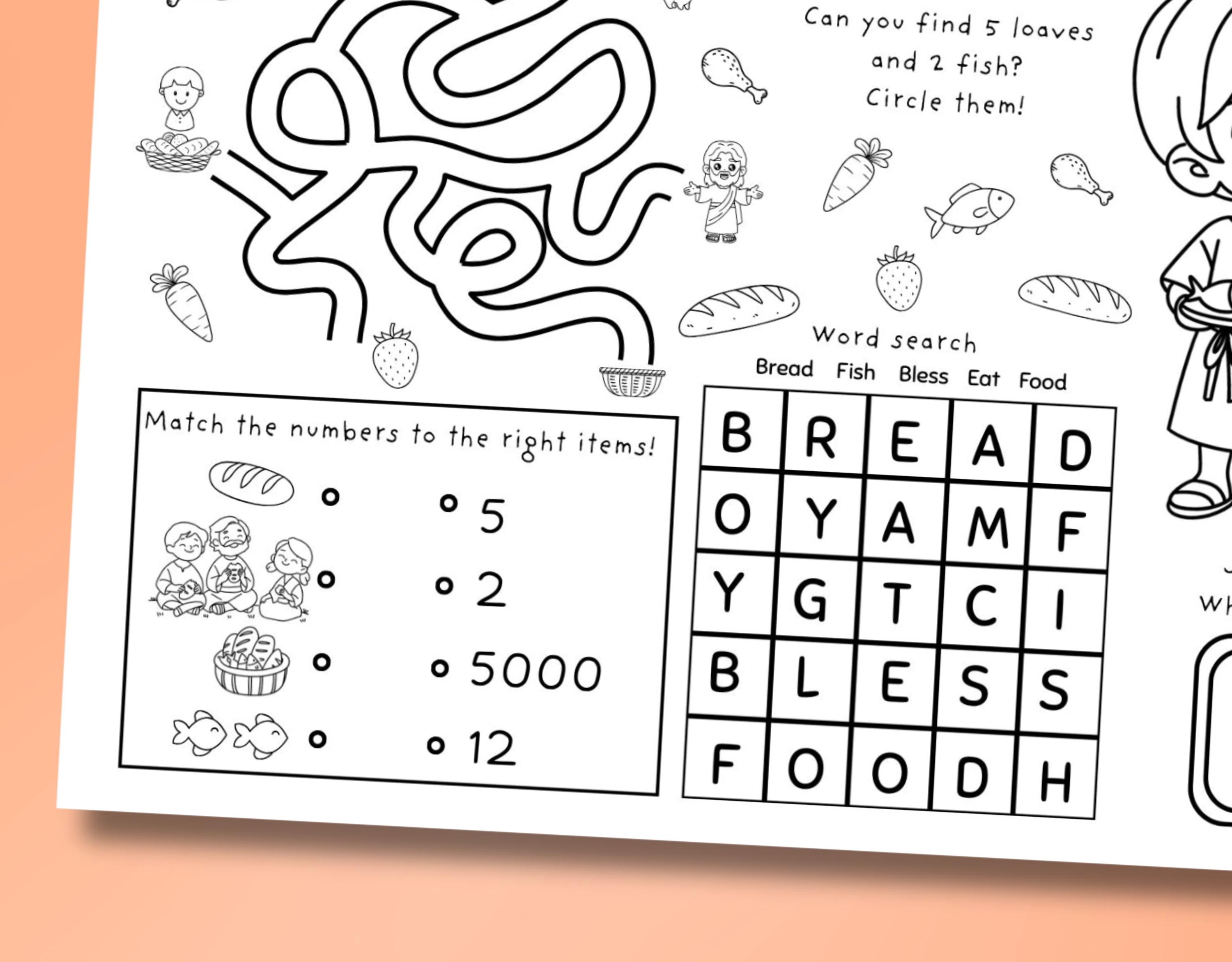Jesus Feeds 5000 Activity Sheet: Bible Story Sunday School Worksheet ...