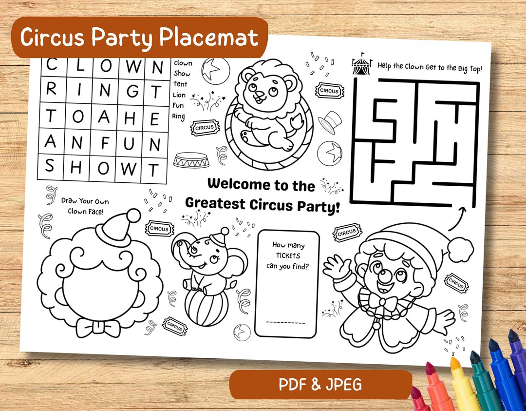 Circus Party Coloring Placemat: Kids Carnival Activity (instant ...
