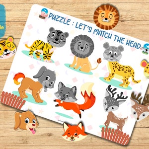 Animal Head Matching Puzzle Activity for Toddler Homeschool Printable ...