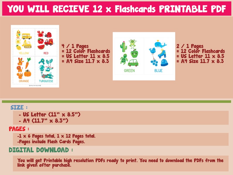 12 Children’s Color Flash Cards Printable, Montessori Flashcards, Color ...