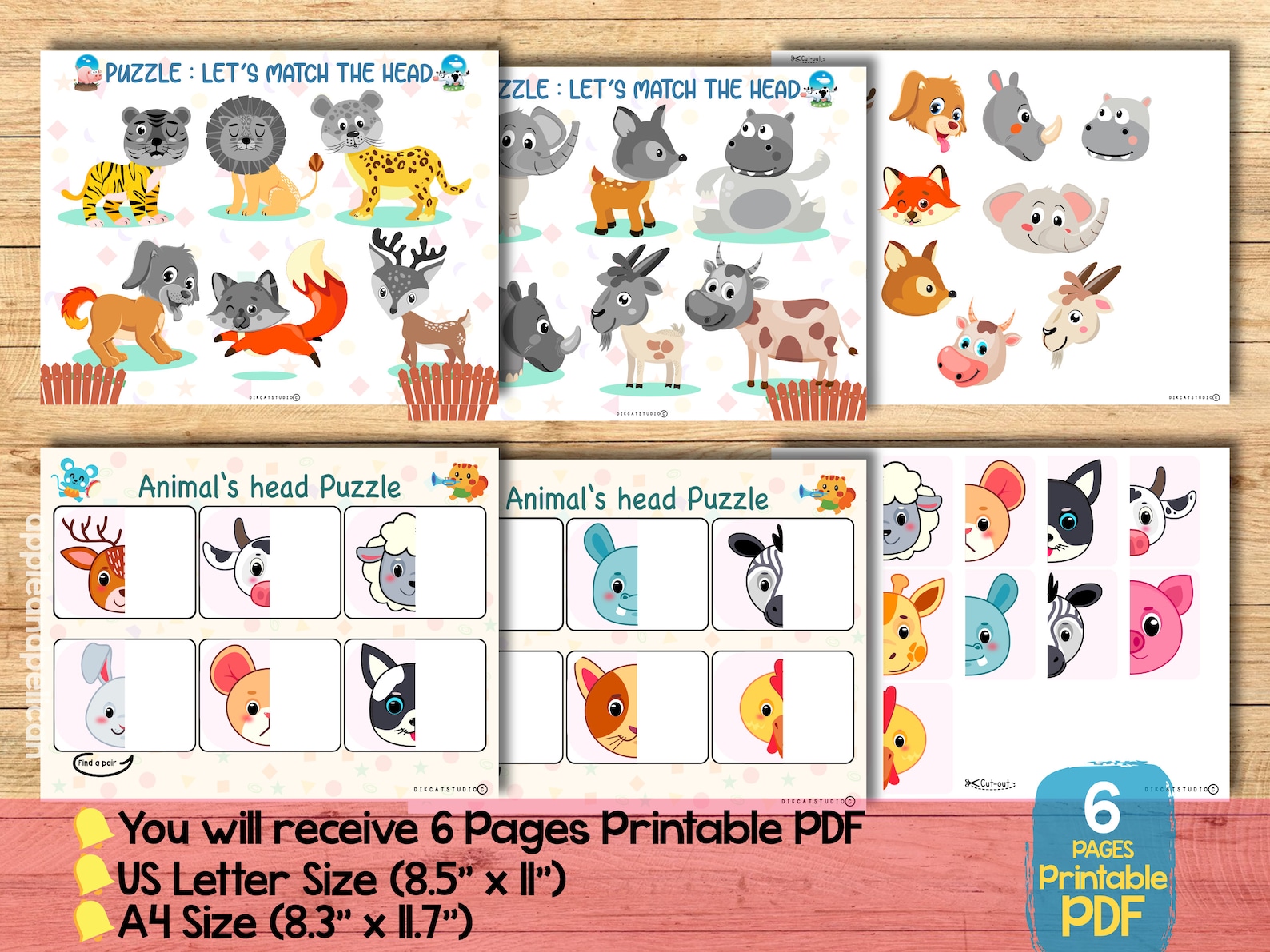Animal Head Matching Puzzle Activity for Toddler, Printable Learning ...