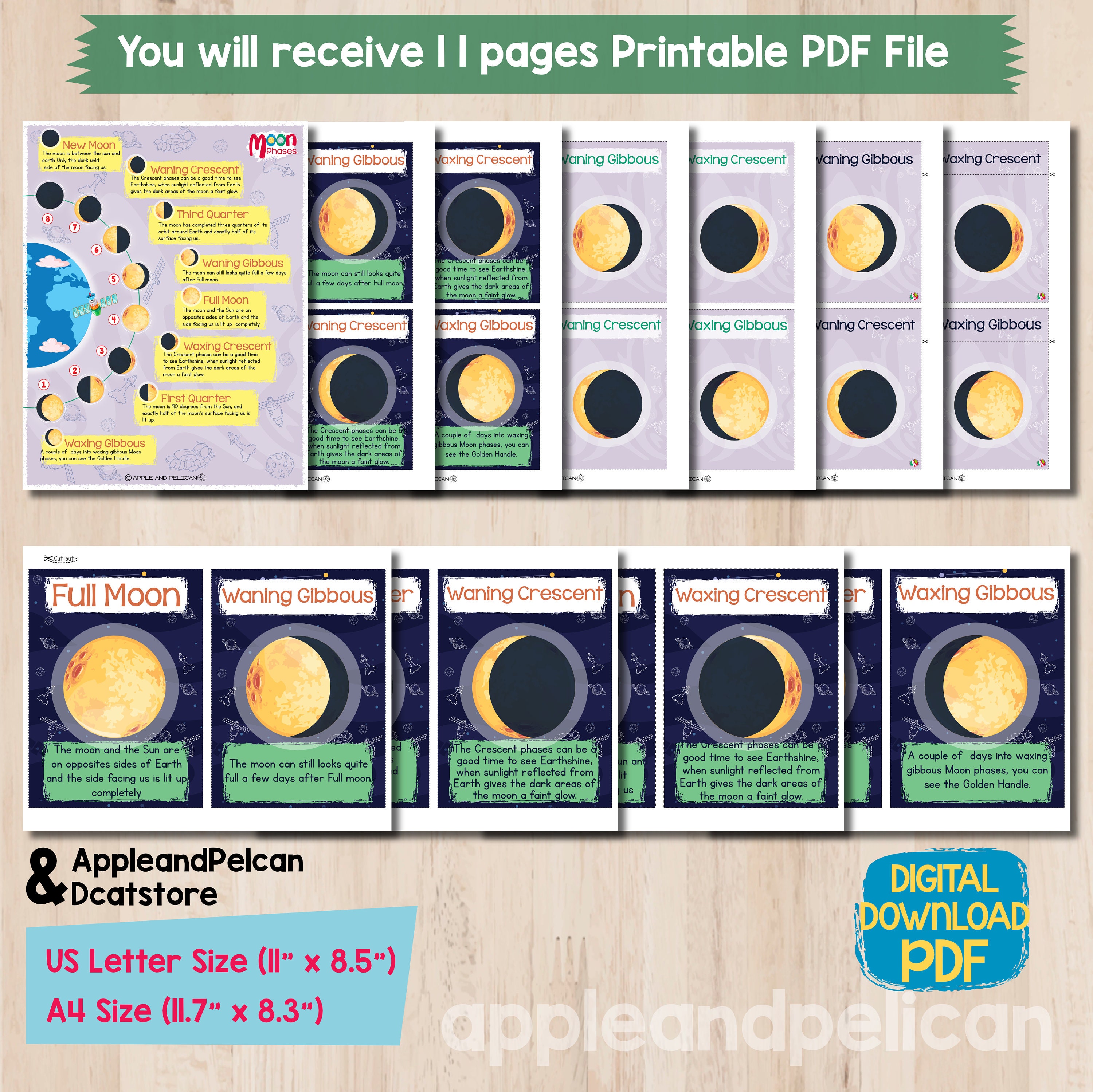 Moon Phases Flashcards Printable Toddler Educational Nursery - Etsy
