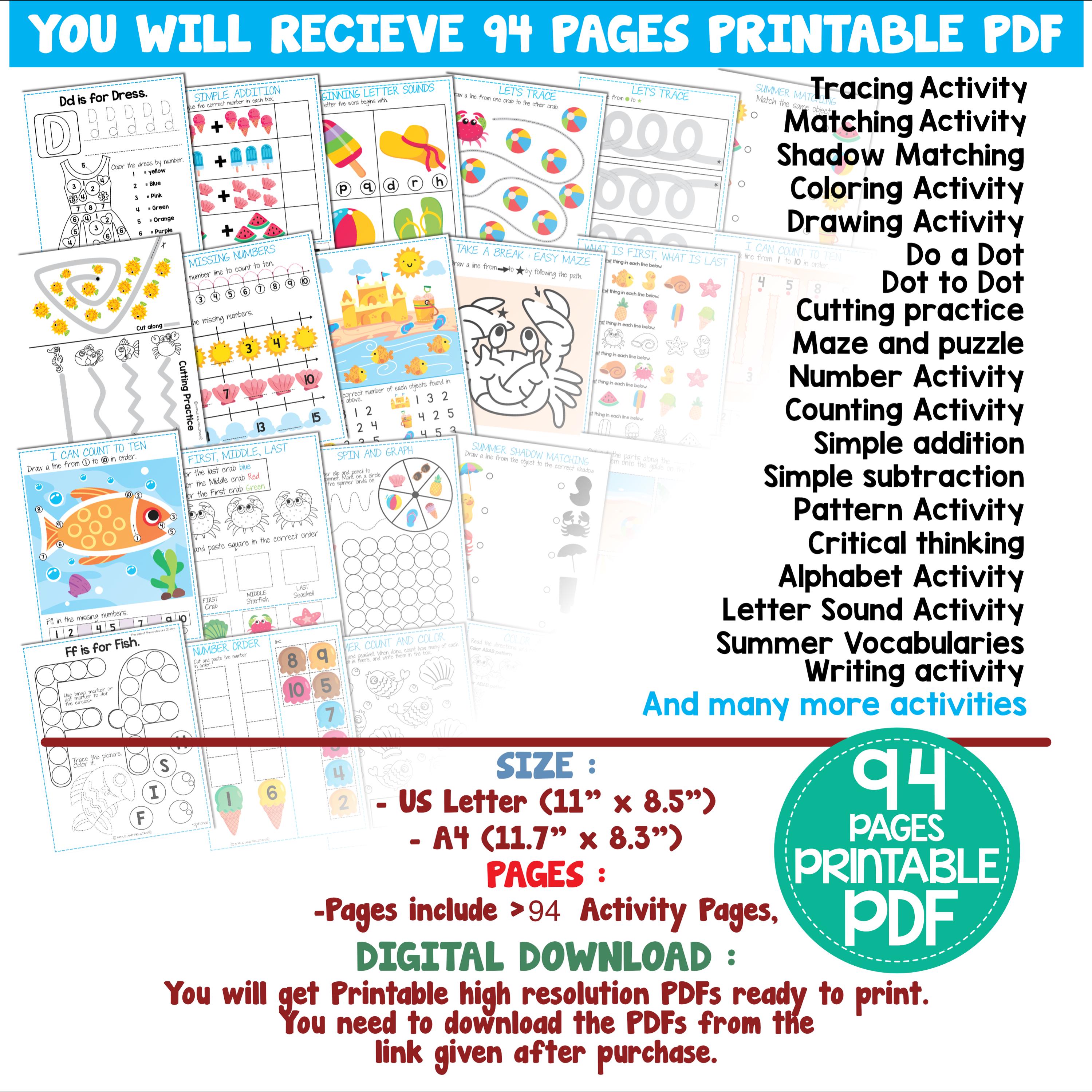 Summer Preschool Kindergarten Activity Packet, Summer Kids Activity ...