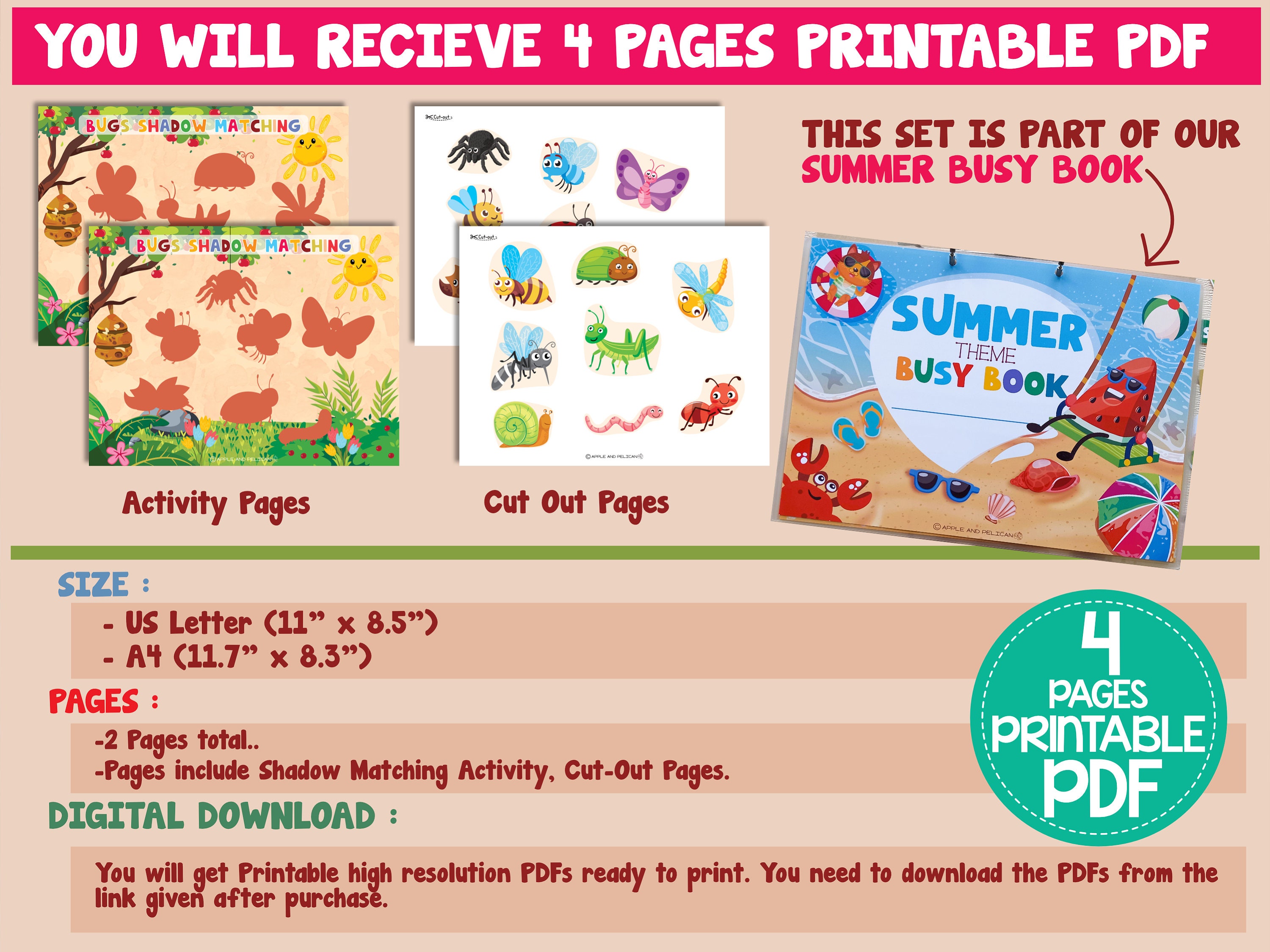 Insects Bugs Shadow Matching Activity, Toddler Busy Book Page ...