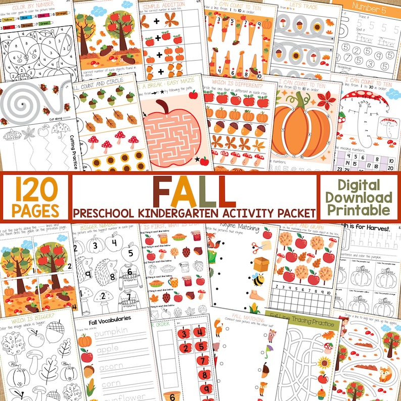 Fall Preschool Kindergarten Activity Packet, Fall Kid Activity ...