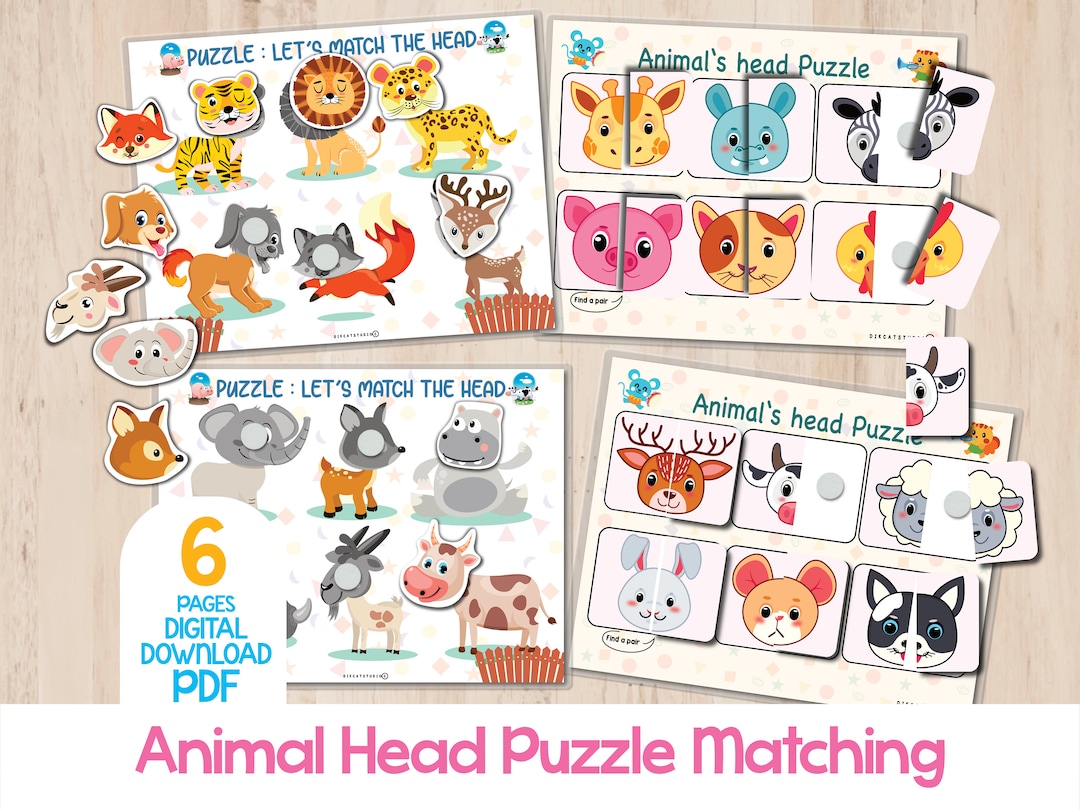 Animal Head Matching Puzzle Activity for Toddler Homeschool Printable ...