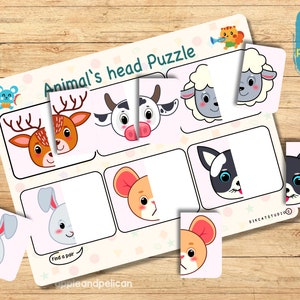 Animal Head Matching Puzzle Activity for Toddler Homeschool Printable ...