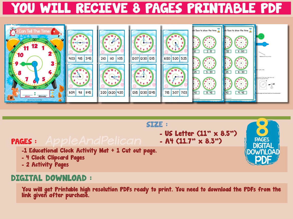 Learn to Tell Time Printable Kids Educational Clock, Preschool ...
