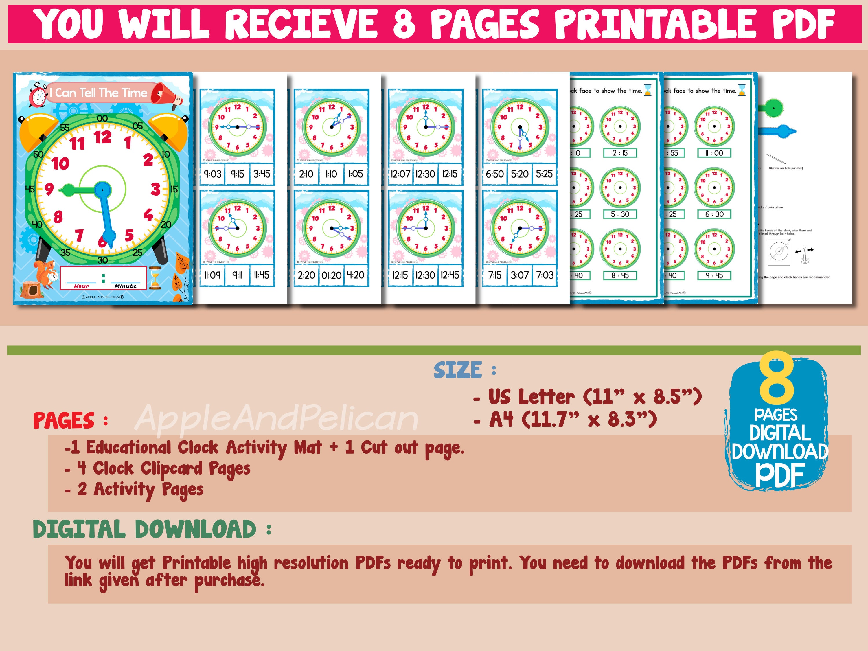 Learn to Tell Time Printable Educational Clock, Kids Printable Clock ...