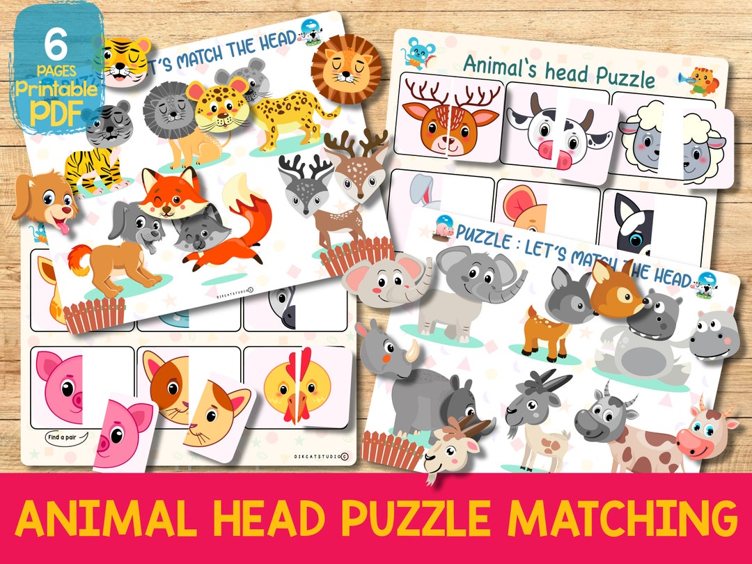 Animal Head Matching Puzzle Activity for Toddler Homeschool Printable ...