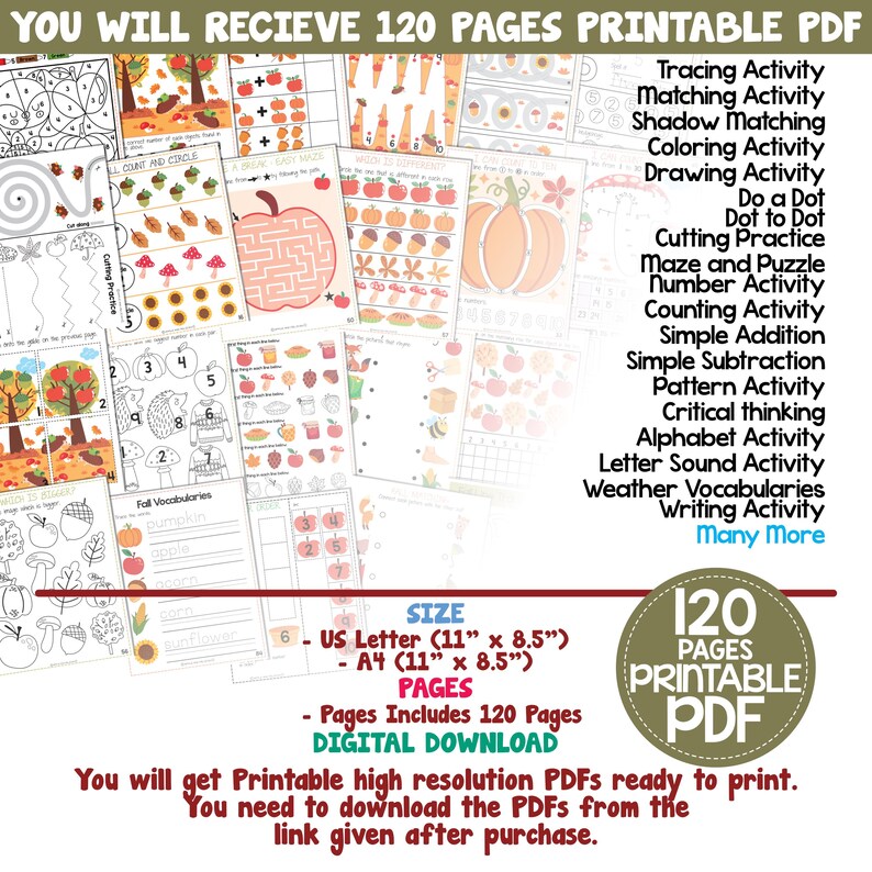 Fall Preschool Kindergarten Activity Packet, Fall Kid Activity ...