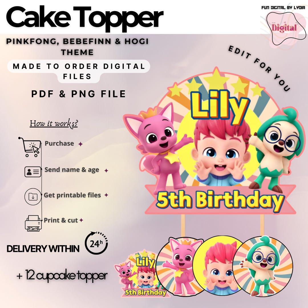 Personalized Bebefinn Hogi and Pinkfong Cake Topper | Custom Digital Birthday Topper | Editable ...