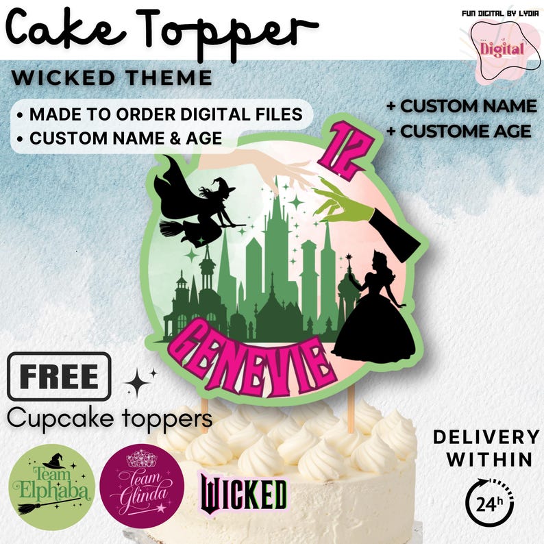Wicked Digital Cake Topper, Pink and Green, Custom Name and Age, PDF ...
