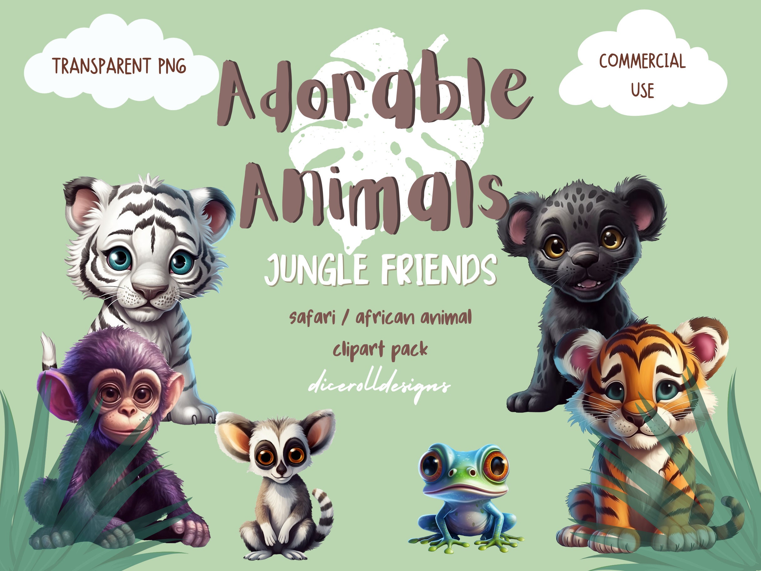 Adorable Animals Jungle Friends Clipart Pack Transparent PNG - Etsy