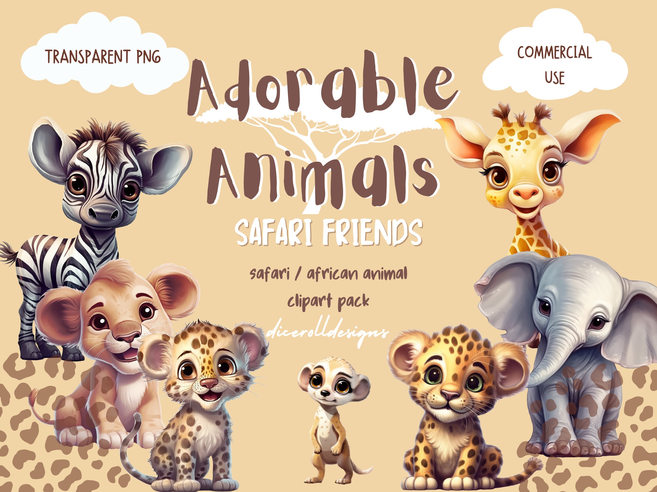 Adorable Animals Safari Friends Clipart Pack Transparent PNG - Etsy