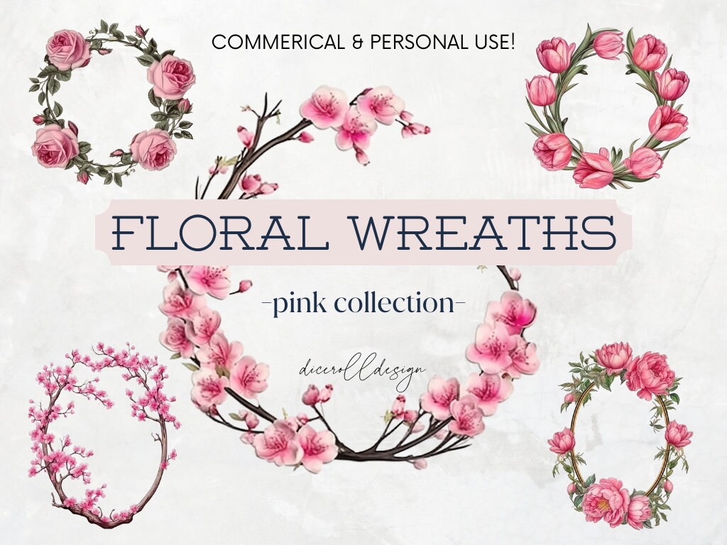 Pink Floral Wreaths Clipart Frames Round Borders Flower Roses - Etsy