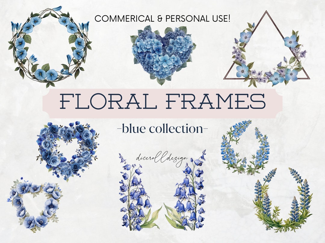 Blue Floral Frames + Borders Illustrations Botanical Clipart PNG ...