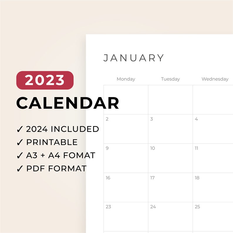 Printable Calendar 2023 2024 Monthly Calendar for 2023 2024 - Etsy