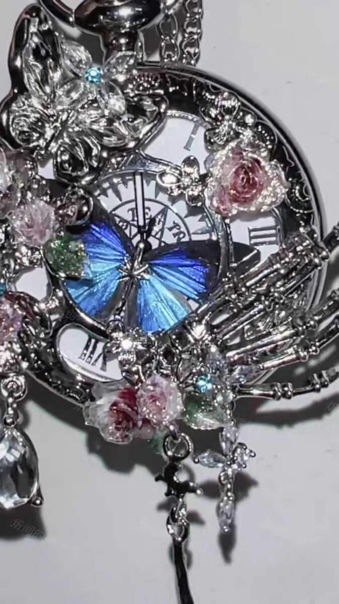 Rose & Skeleton Hand Pocket Watch - Real Butterfly Wings, Gothic ...