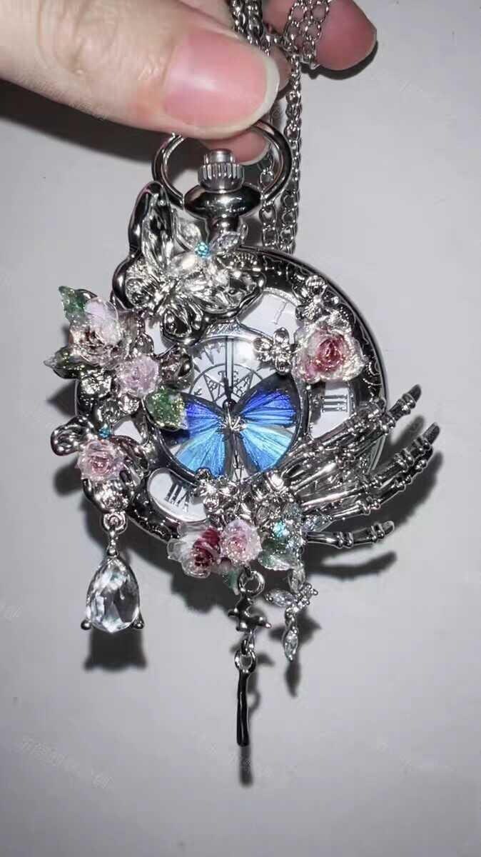 Rose & Skeleton Hand Pocket Watch - Real Butterfly Wings, Gothic ...