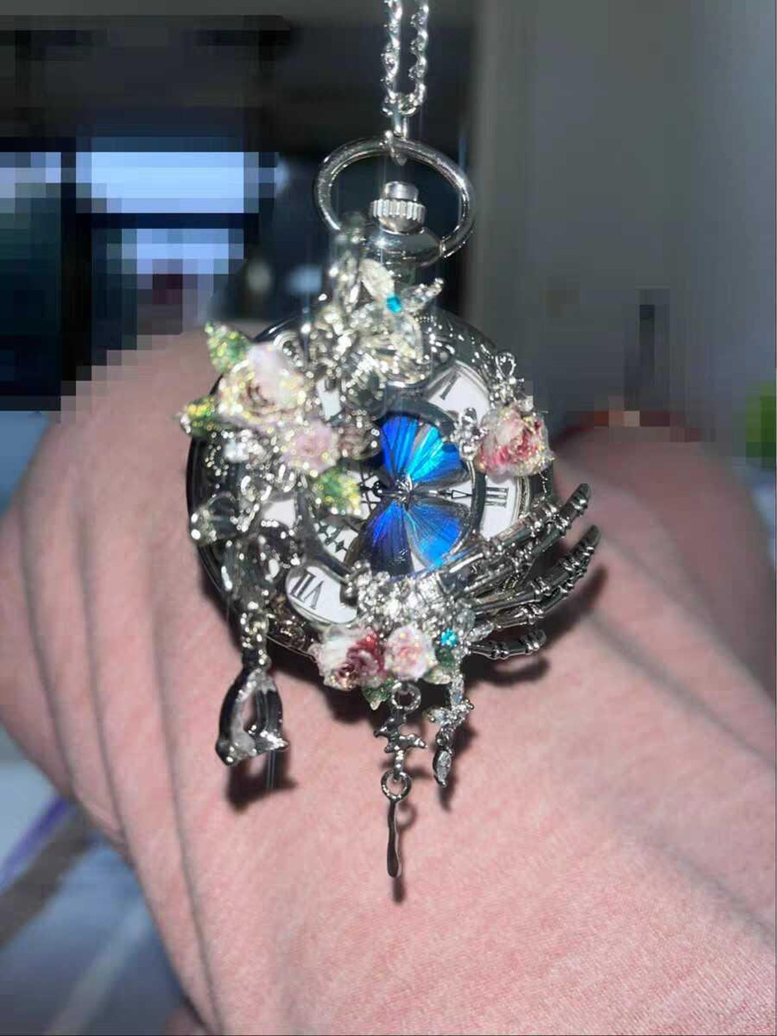 Rose & Skeleton Hand Pocket Watch - Real Butterfly Wings, Gothic ...