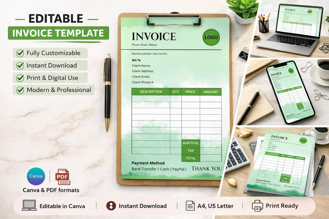 Green Invoice Template | Editable Business Invoice | Modern Printable ...
