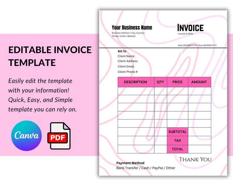 Editable Pink Invoice Template | Modern Business Forms (canva, PDF ...