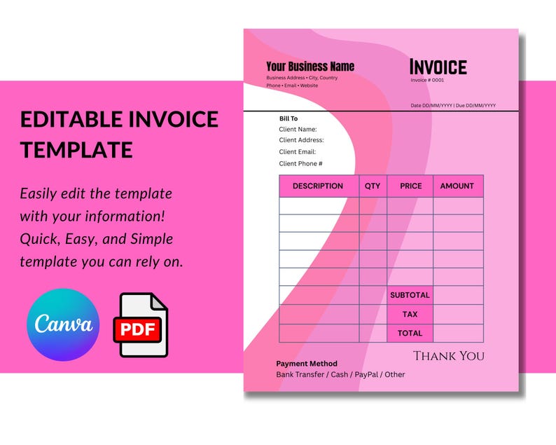 Editable Invoice Template | Modern Pink Business Invoice | Printable ...