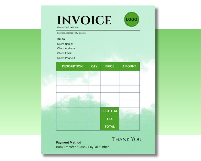 Green Invoice Template | Editable Business Invoice | Modern Printable ...