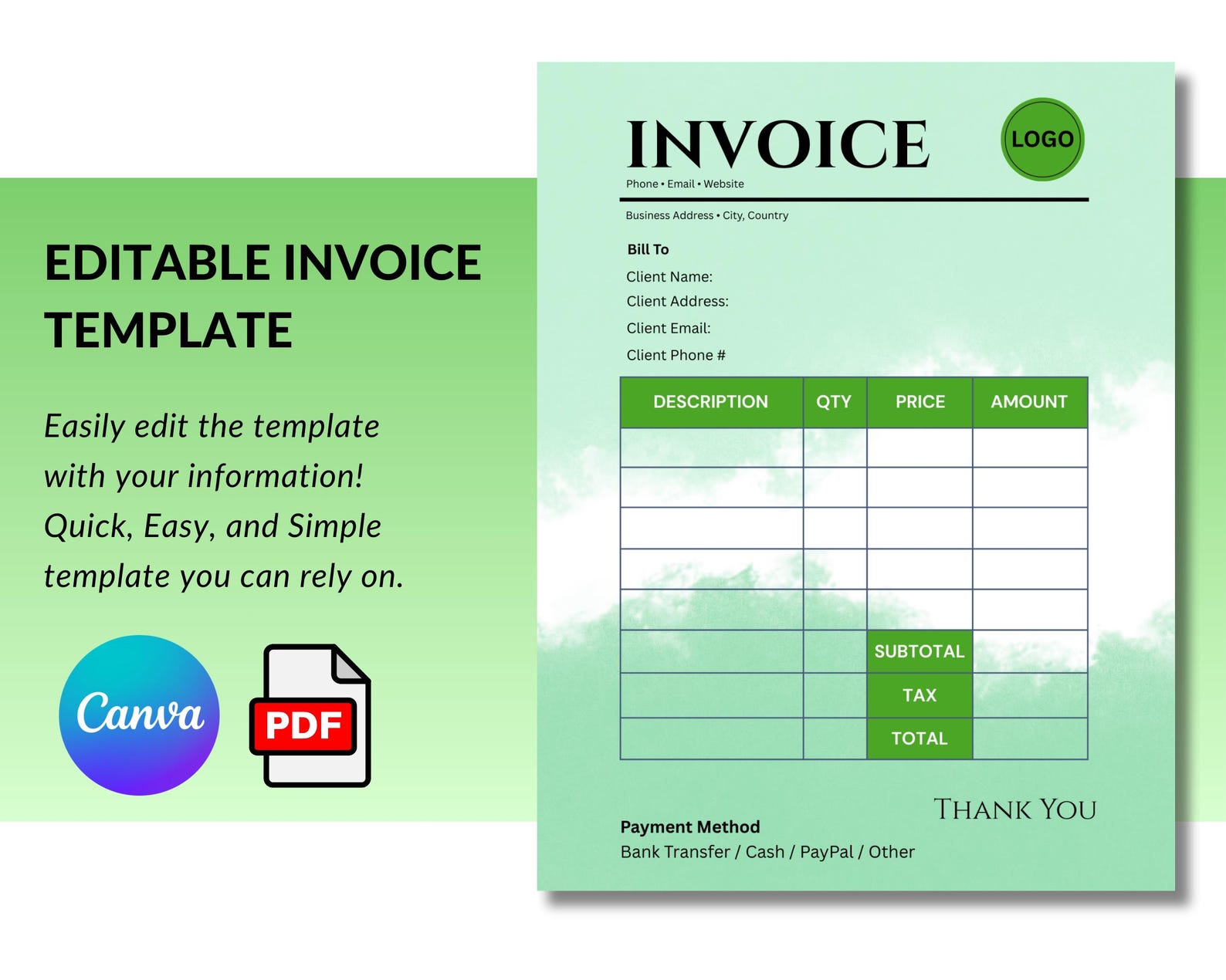 Green Invoice Template | Editable Business Invoice | Modern Printable ...