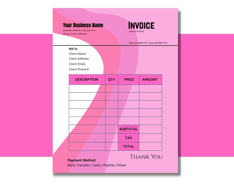 Editable Invoice Template | Modern Pink Business Invoice | Printable ...